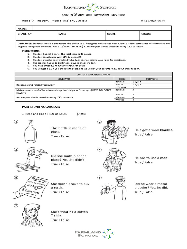 5th Grade - Unit 5 TEST | PDF