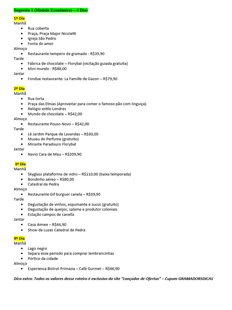 Sugestão Roteiro Gramado | Download grátis PDF | Alimentos