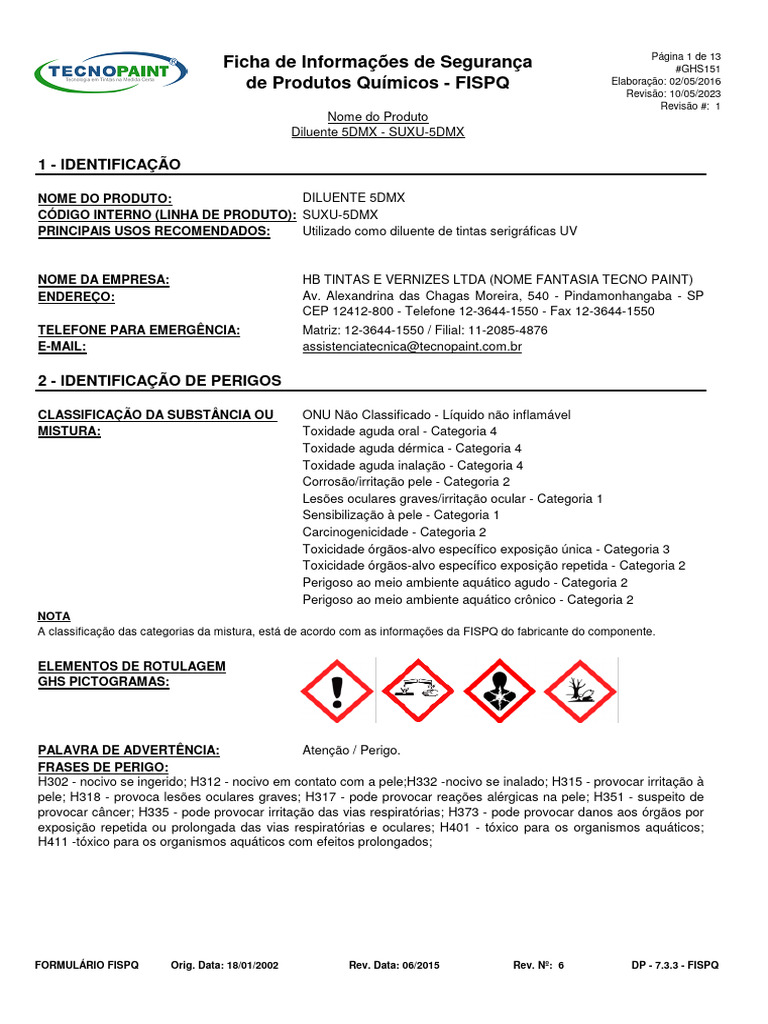 FISPQ Diluente 5DMX - Tecno Paint | PDF | Queimadura | Cloreto de ...