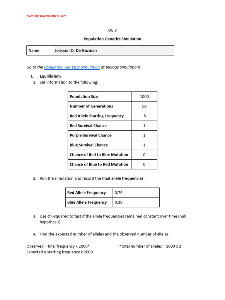 DE GUZMAN - OE 3 - Population Genetics Simulation (Chi Squared) | PDF ...