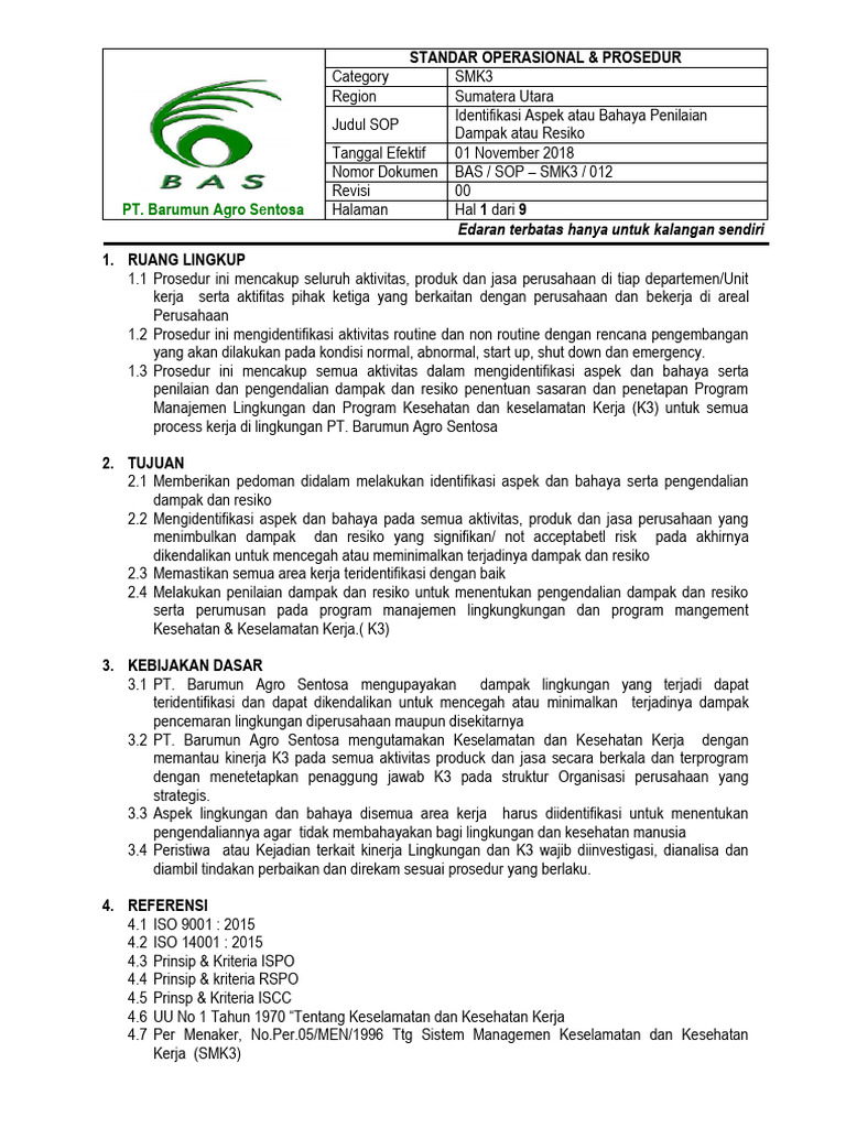 12-Sop Smk3 - Identifikasi Aspek Atau Bahaya Penilaian Dampak Atau Resiko | PDF | Teknologi ...
