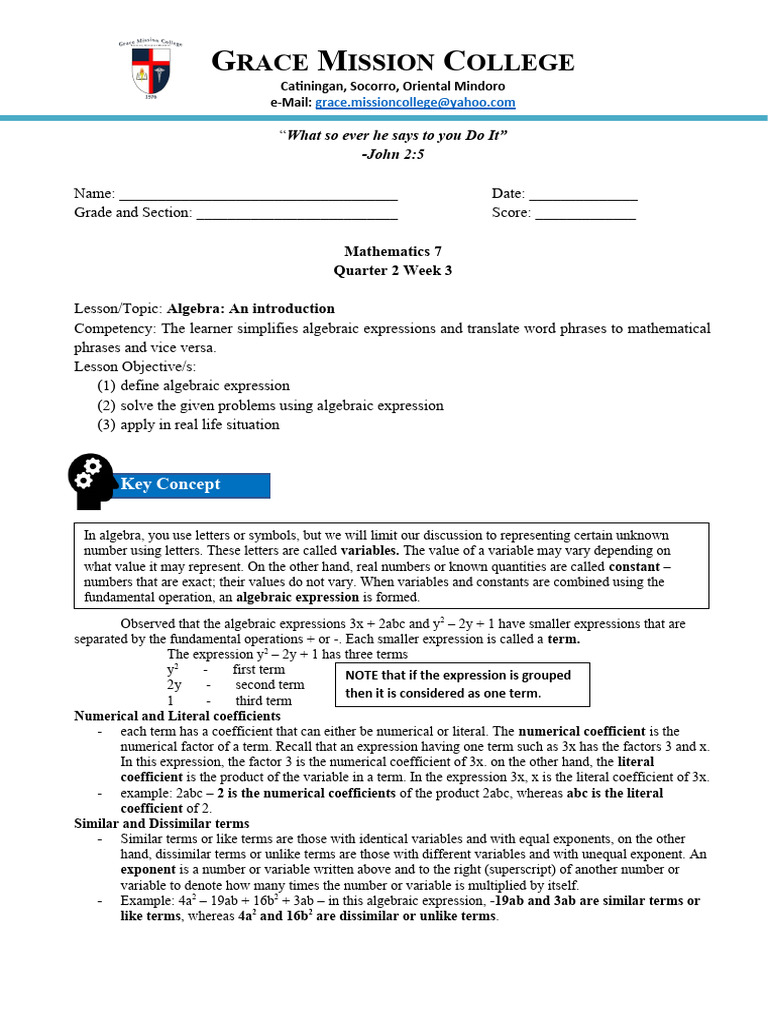 Q1W1 MATH7 Learning Activity Sheet3 | PDF | Variable (Mathematics) | Numbers