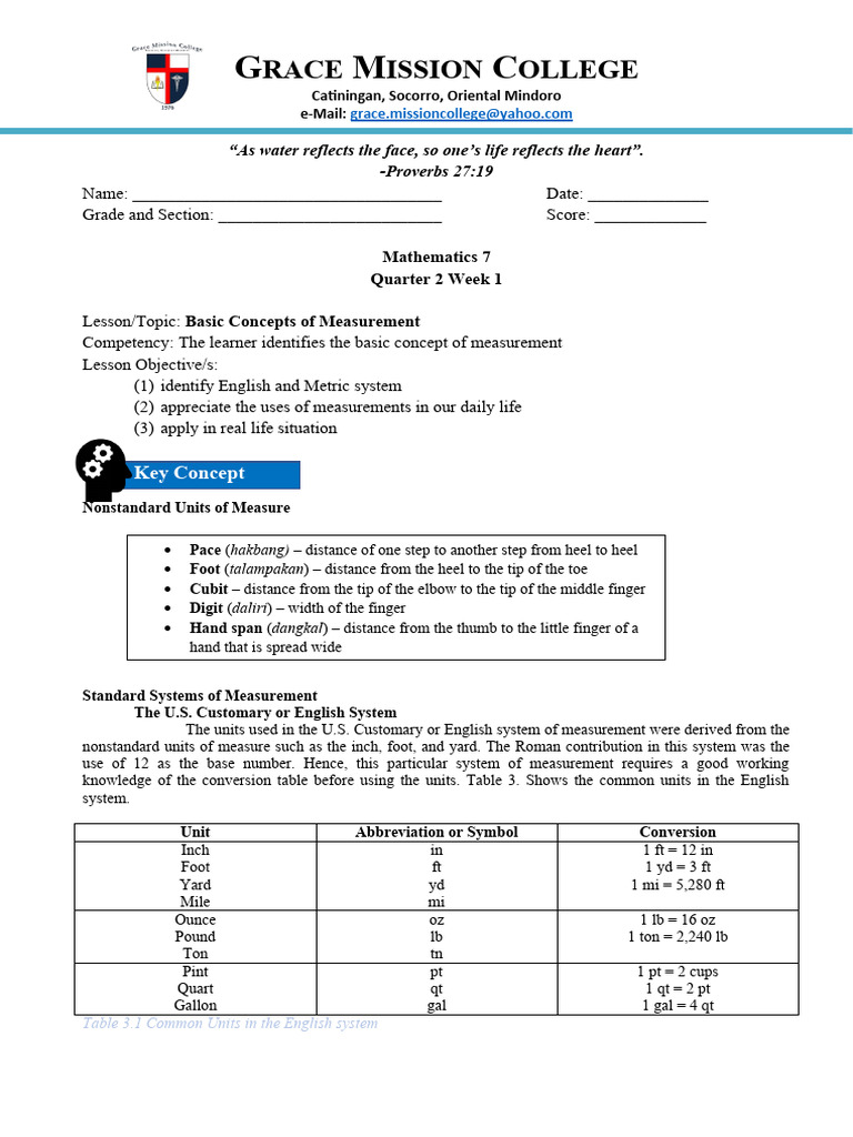 Q1W1 MATH7 Learning Activity Sheet1 | PDF | International System Of Units | Yard