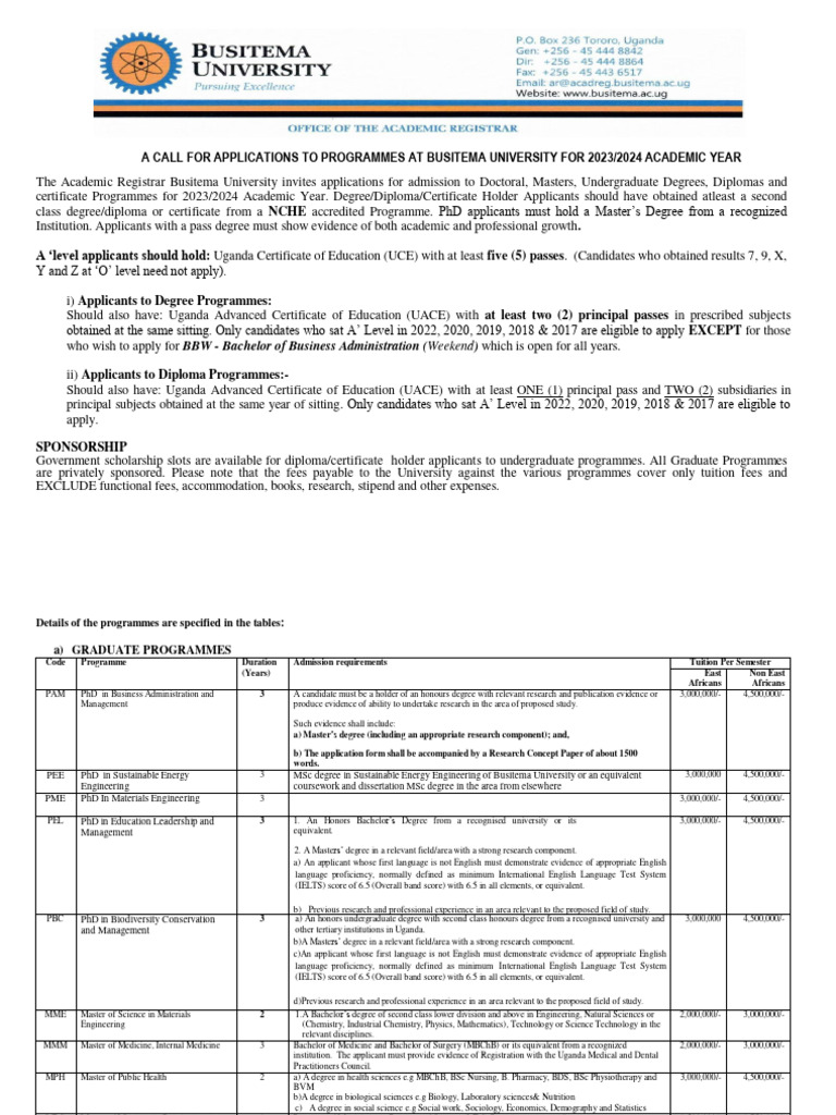 Detailed Requirements For Admission To Busitema Programmes | PDF ...