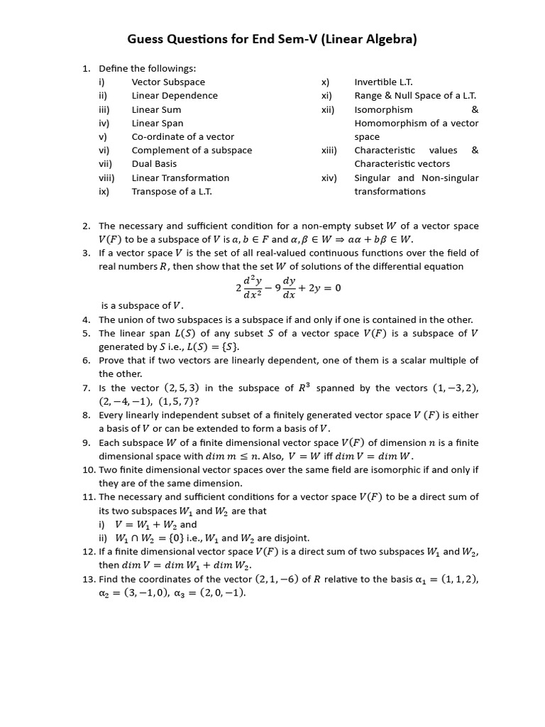 Linear Algebra Exam Questions | PDF | Linear Subspace | Vector Space