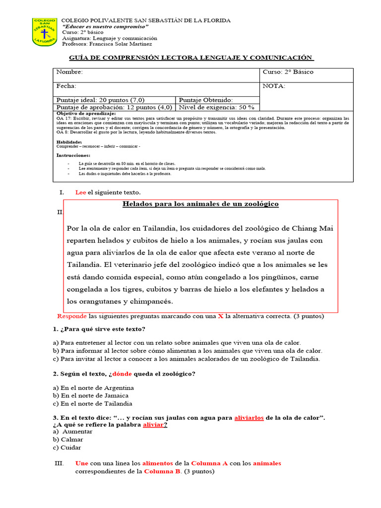 Guía de Comprensión Lectora 2° Básico | PDF