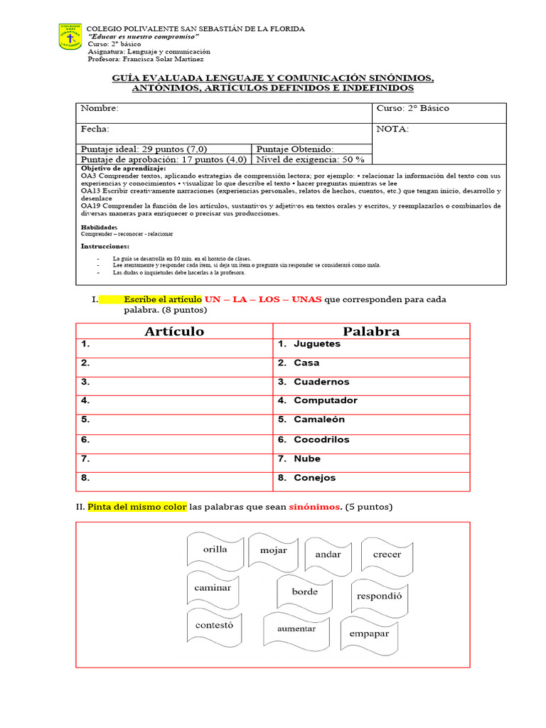 Guía evaluada de lenguaje 2° básico | PDF | Aprendizaje | Cognición