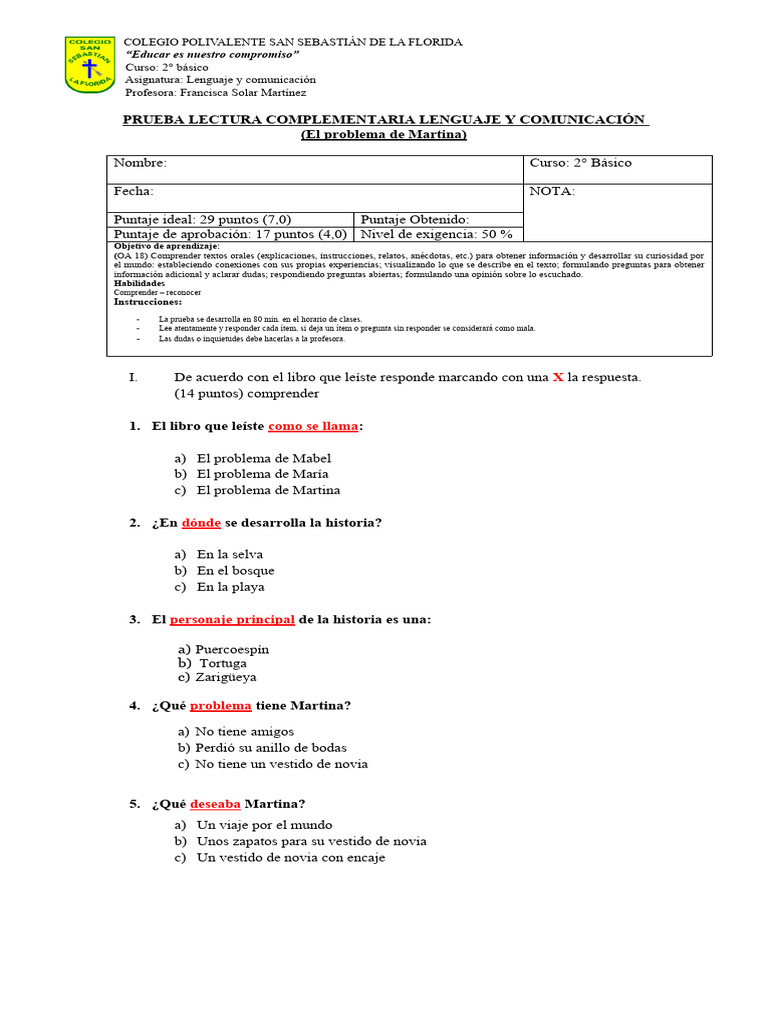 Prueba Lectura Complementaria Lenguaje y Comunicación | PDF