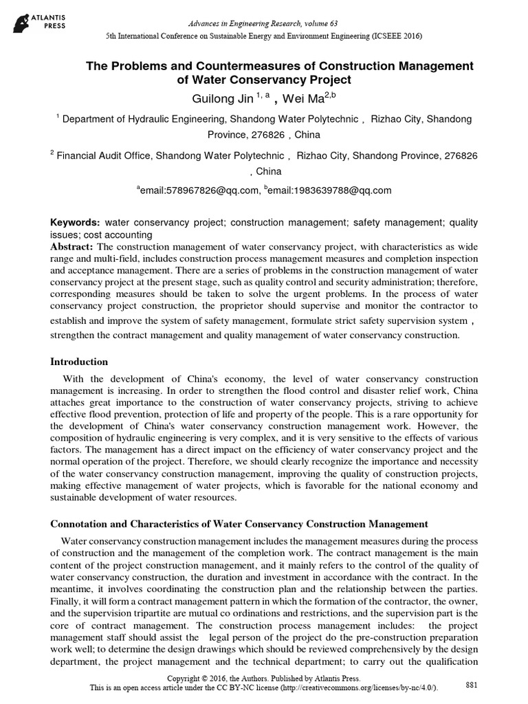 The Problems and Countermeasures of Construction Management of Water ...