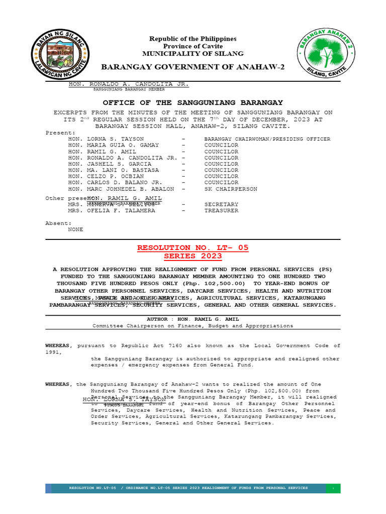 2023 Resolution No. LT-05 Approving Realignment of Personal Services For Year End Bonus | PDF ...