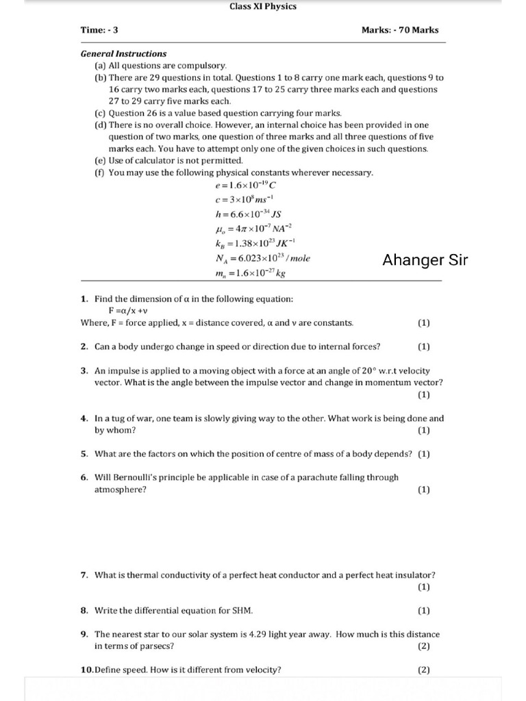 Model Paper Class XI Physics With Solution Ahanger Sir | PDF