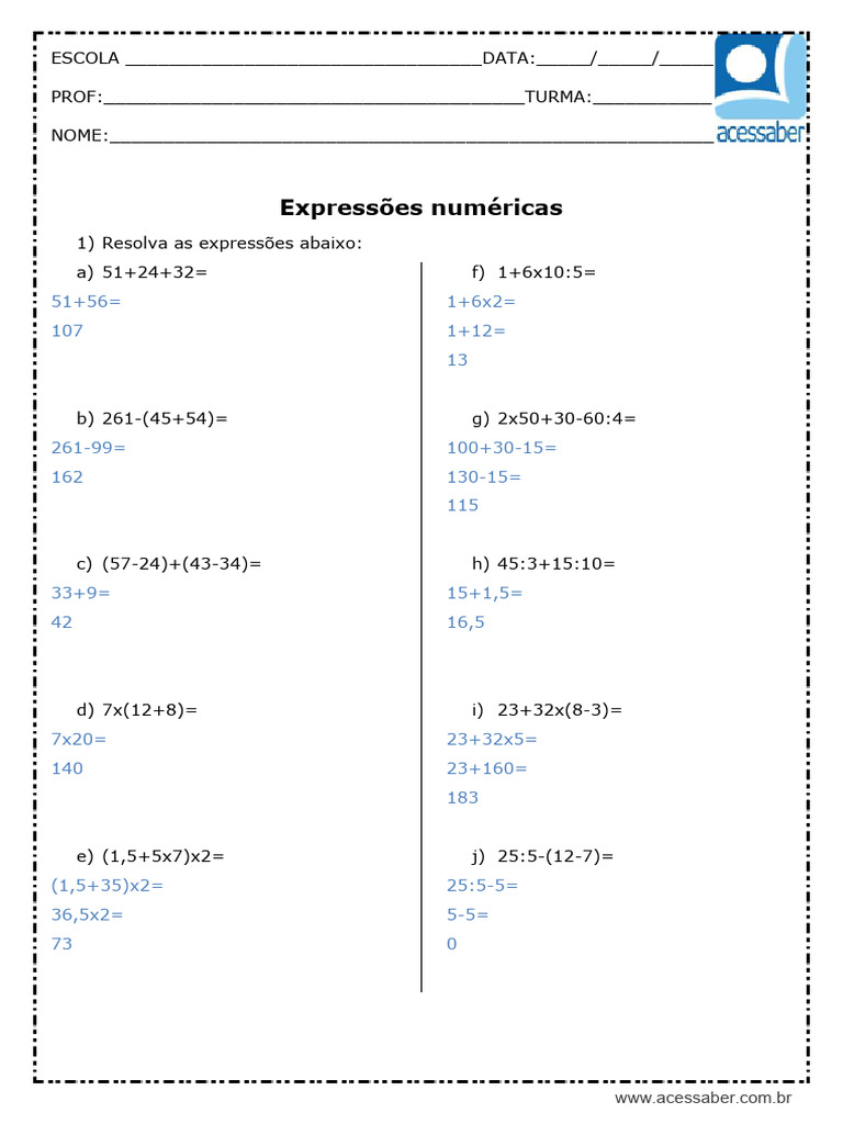 Atividade de Matematica-Expressoes-Numericas-5-Ou-6-7-Ano | Download grátis PDF | Matemática