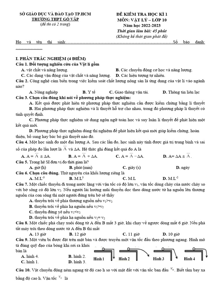17. ĐỀ VẬT LÝ 10 HK1 - THPT Gò Vấp (HCM) | PDF