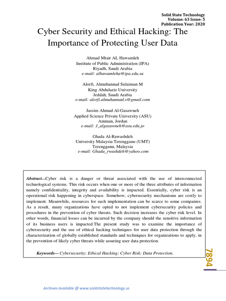 Cyber Security and Ethical Hacking: The Importance of Protecting User Data | PDF | Security ...