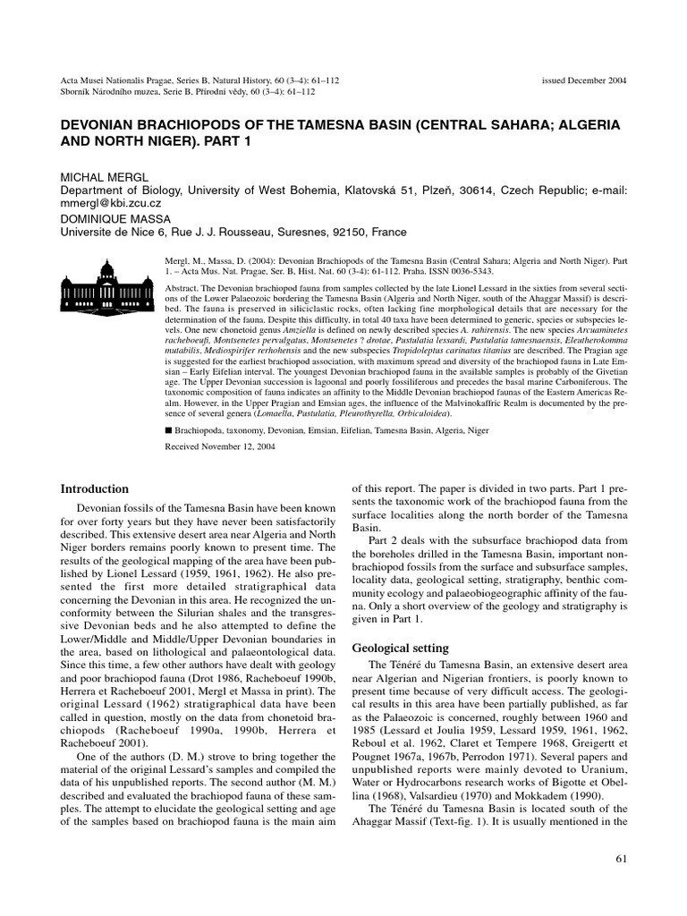 Devonian Brachiopods of The Tamesna Basin (Central Sahara Algeria and ...