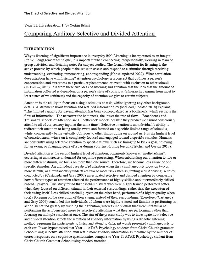 Psychology Investigation Selective and Divided Attention | PDF ...