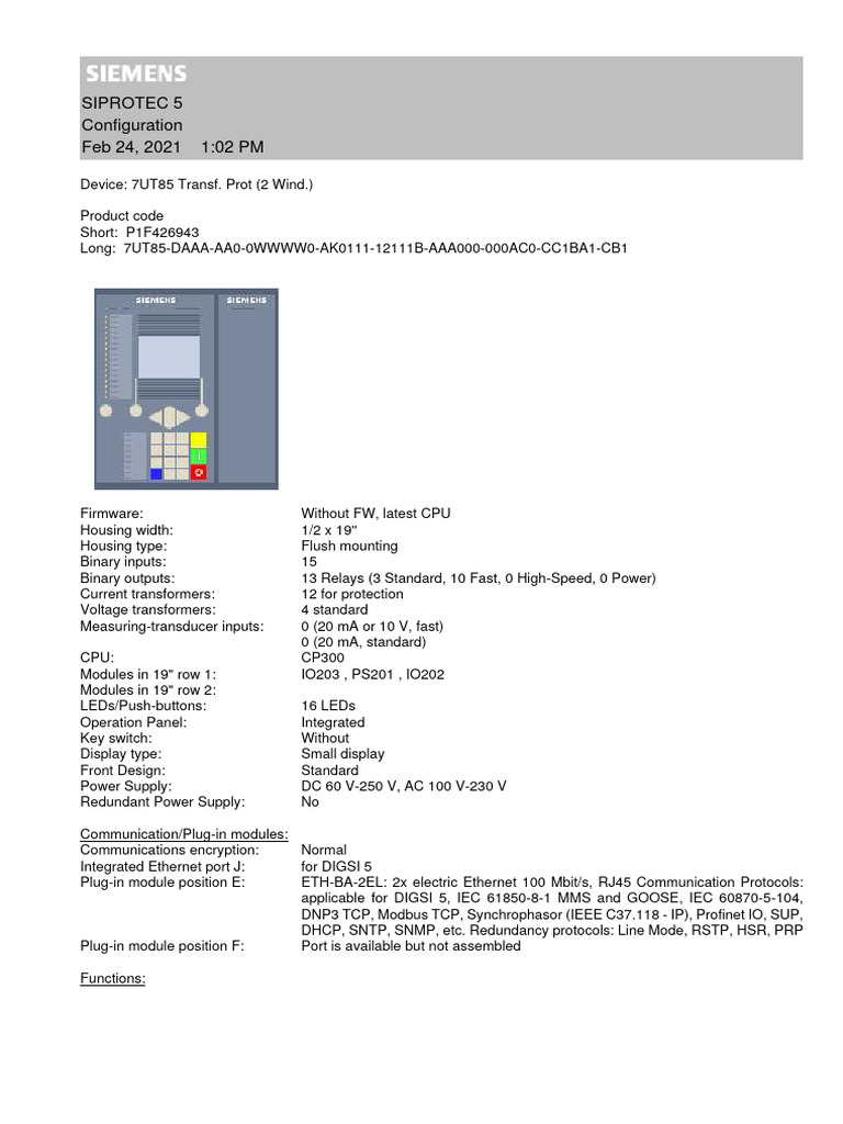 Siprotec 5 - 7ut85 - P1F426943 | PDF | Transformer | Computer Networking