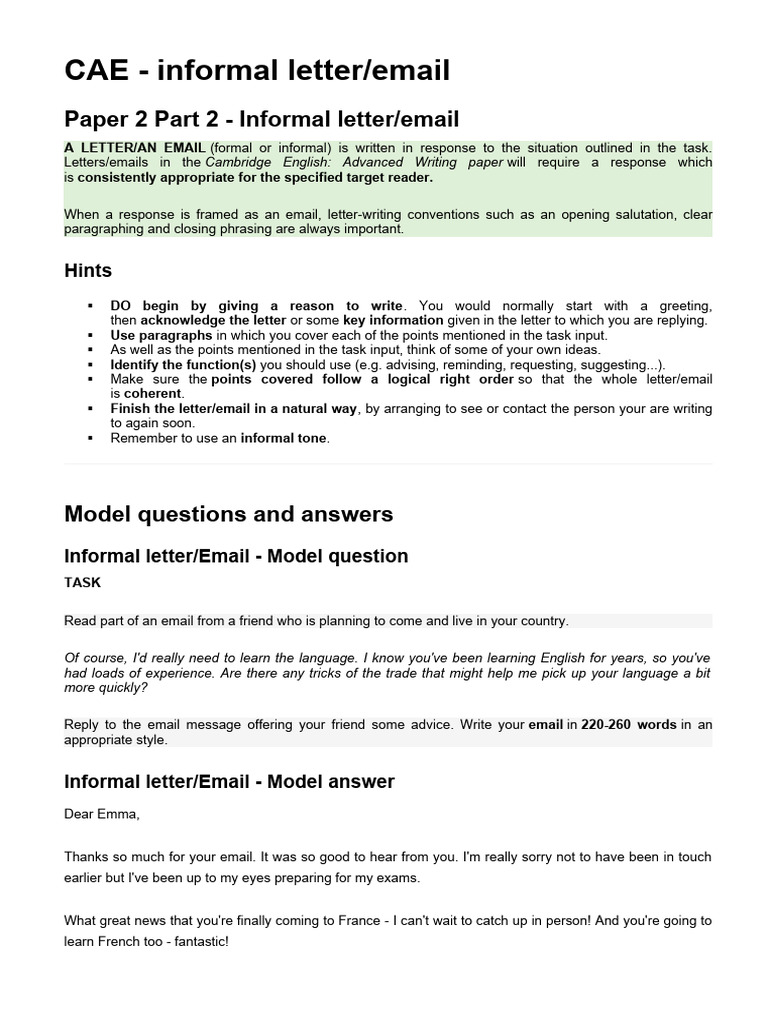 CAE - Informal letter-email | PDF | Cognition | Human Communication