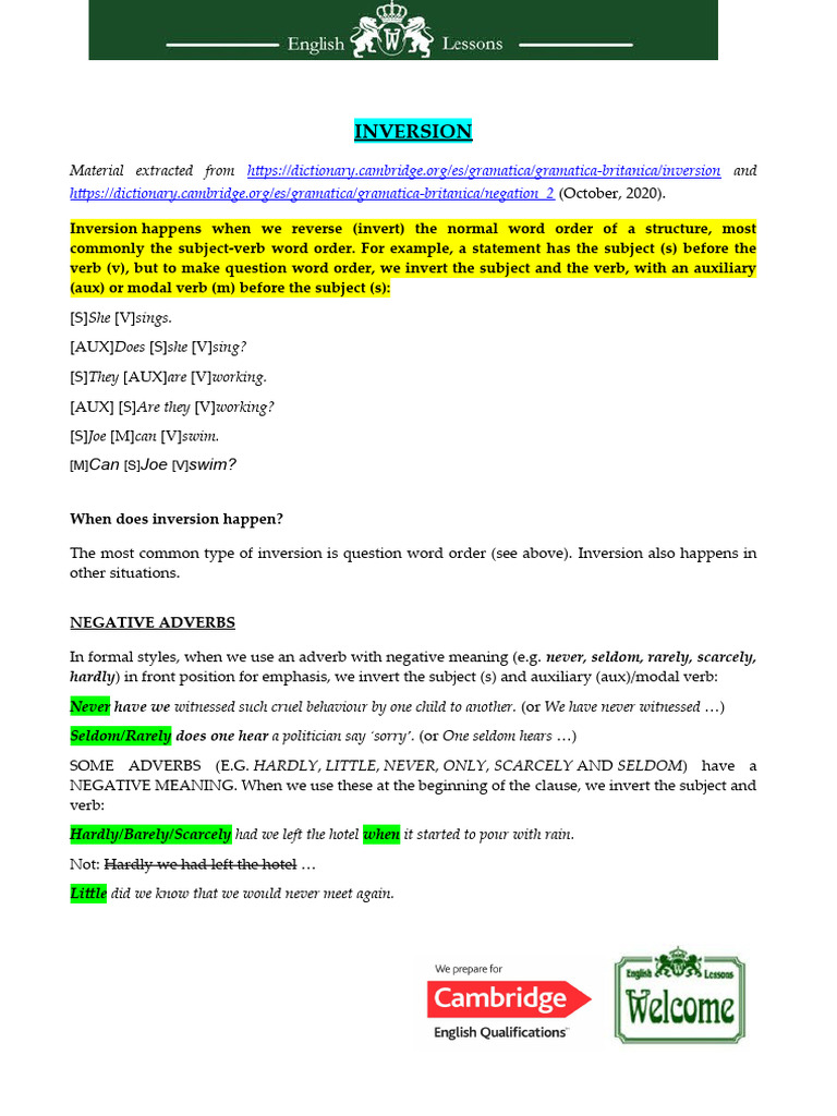 INVERSION - FCE | PDF | Verb | Subject (Grammar)