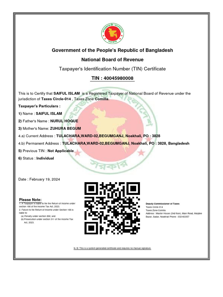 TIN Certificate for Saiful Islam | PDF