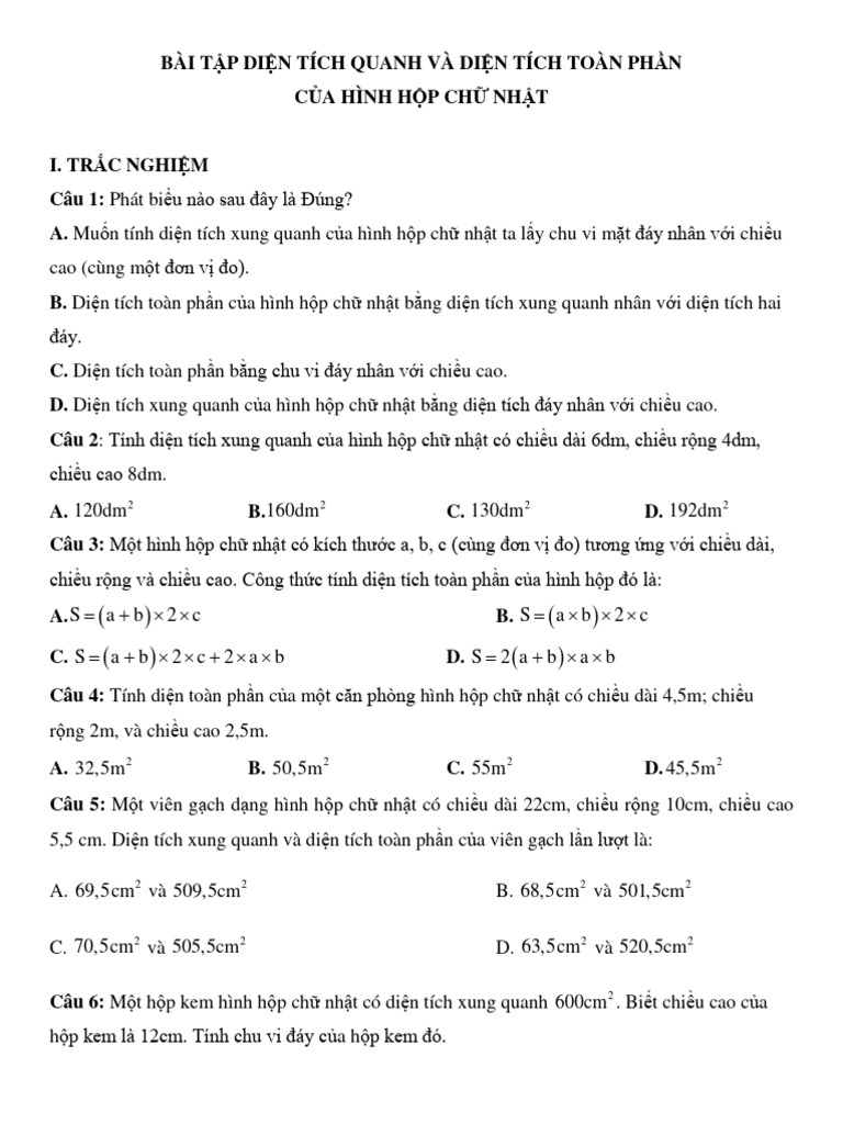 Bai Tap Dien Tich Xung Quanh Va Dien Tich Toan Phan Cua Hinh Hop Chu N | PDF