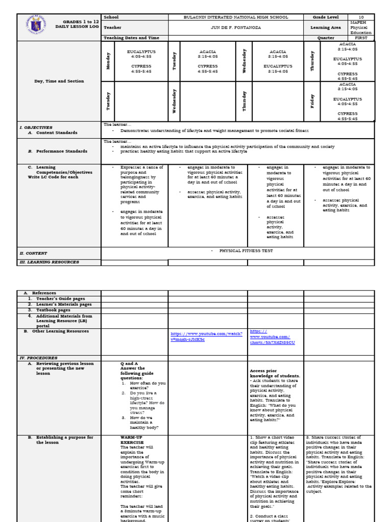 GRADES 1 To 12 Daily Lesson Log School Grade Level Teacher Learning ...