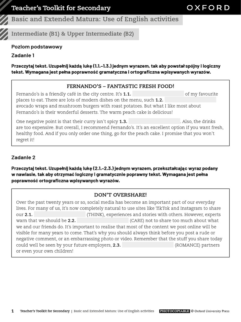 Teachers Toolkit – Basic and Extended Matura Use of English activities ...