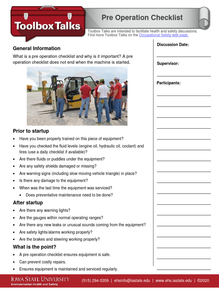 Toolbox Talks - Pre Op Checklist | PDF