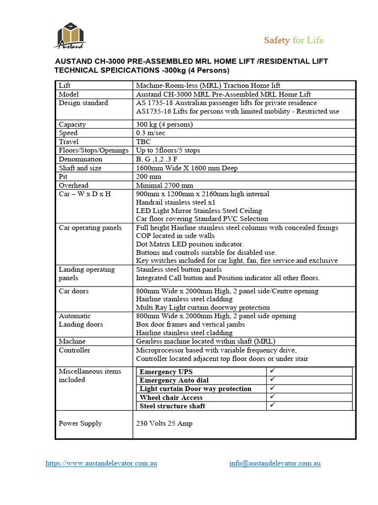 Austand CH 3000 Pre Assembled MRL Home Lift Residential Lift 300KG 4 Persons | PDF | Elevator | Door