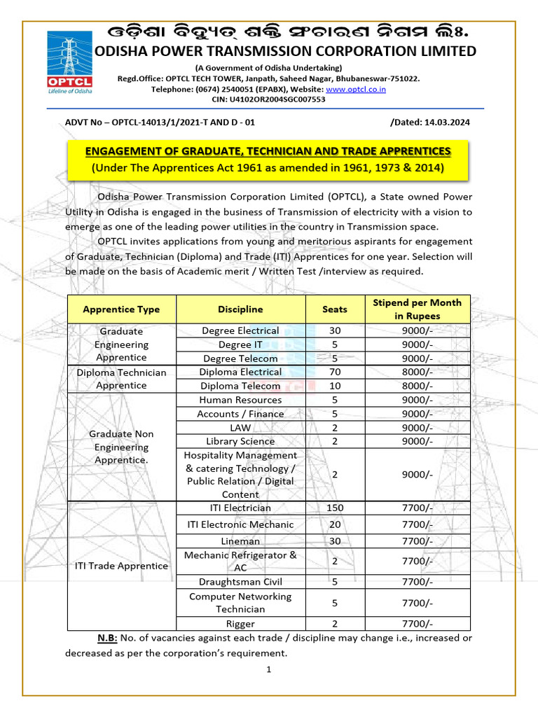 OPTCL Apprentice Recruitment 2024 Notification | PDF | Apprenticeship | Academic Degree