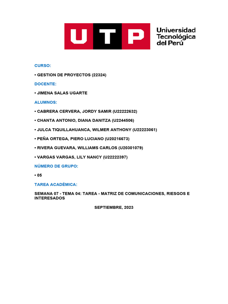 Semana 07 Tarea - Matriz de Comunicaciones, Riesgos e Interesados | PDF