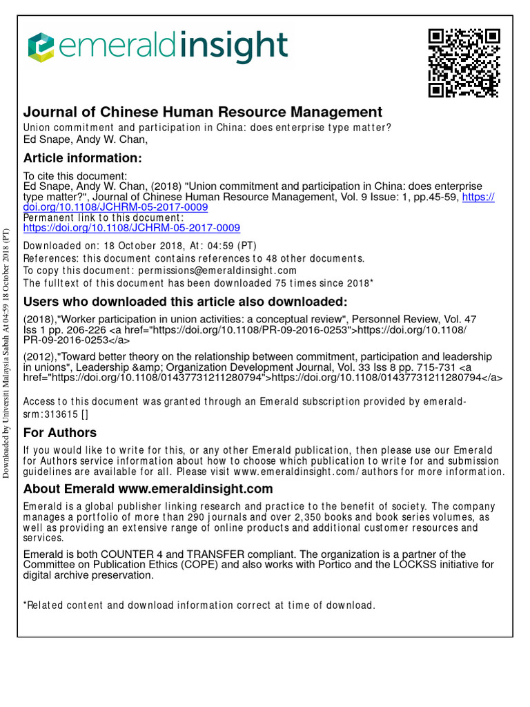 JCHRM-05-2017-0009 Ed Snape | PDF | Trade Union | Attitude (Psychology)