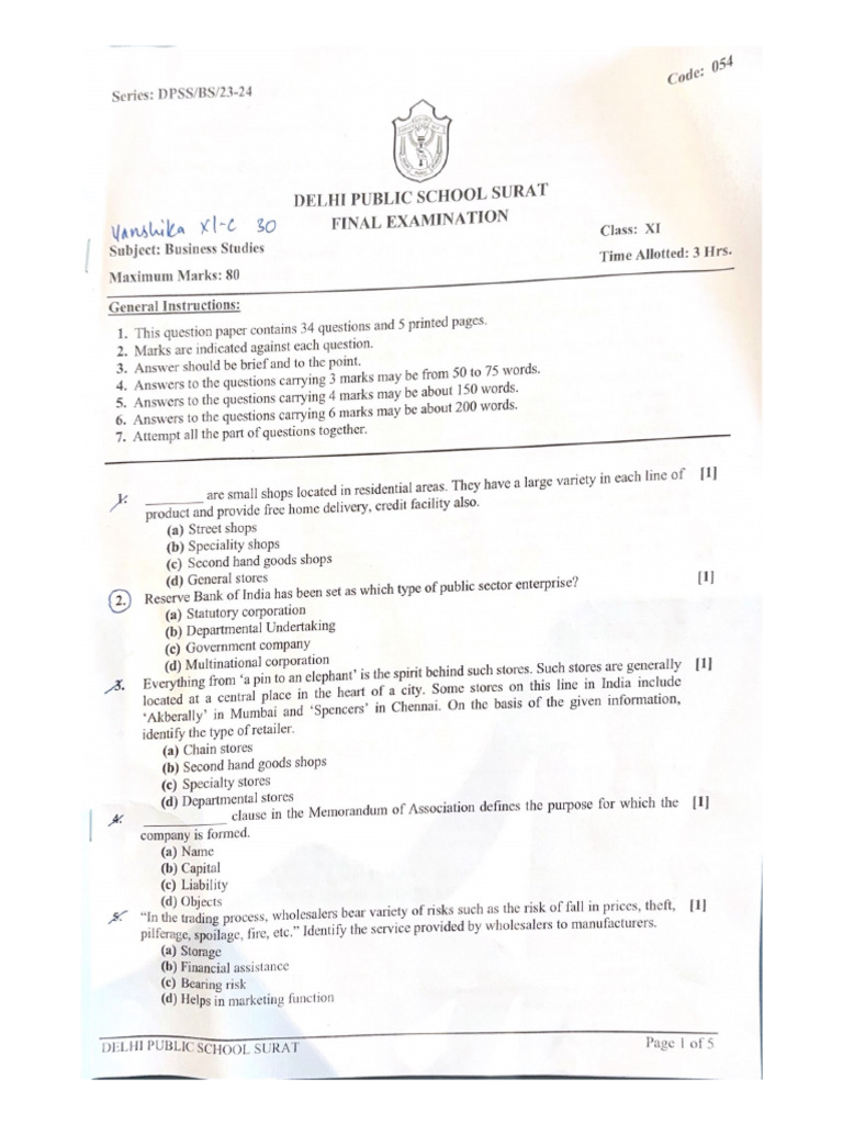 Class 11 Business Studies Final Exam | PDF