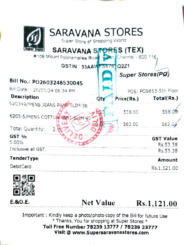 Saravana Stores GST Bill Summary | PDF