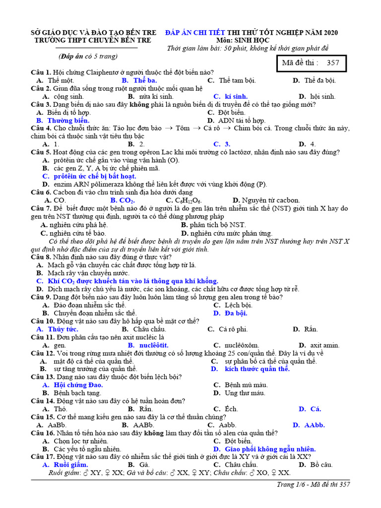De Thi Thu Mon Sinh Chuyen Ben Tre 2020 Co Dap An Chi Tiet | PDF