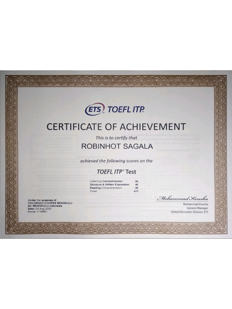 Sertifikat TOEFL ITP - Robinhot | PDF Sertifikat TOEFL ITP - Robinhot | PDF