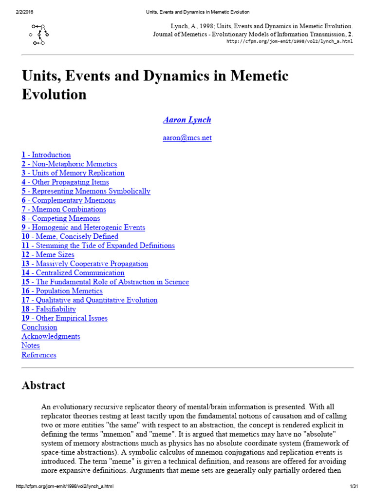 Units, Events and Dynamics in Memetic Evolution | PDF