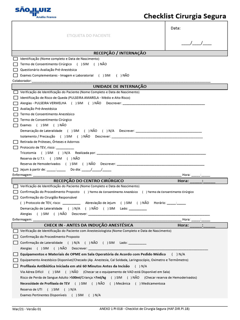 Checklist de Cirurgia Segura | Download grátis PDF | Anestesia | Cirurgia