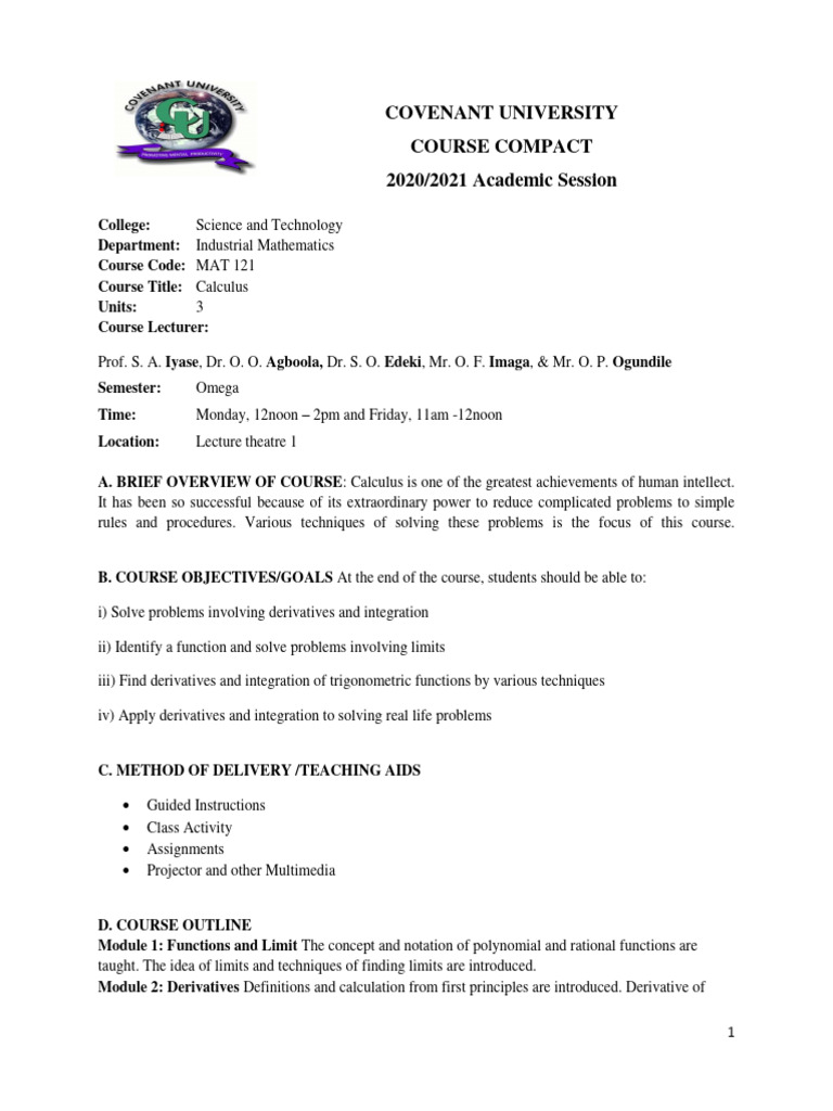 Mat 121 Calculus Course Overview Pdf Integral Derivative