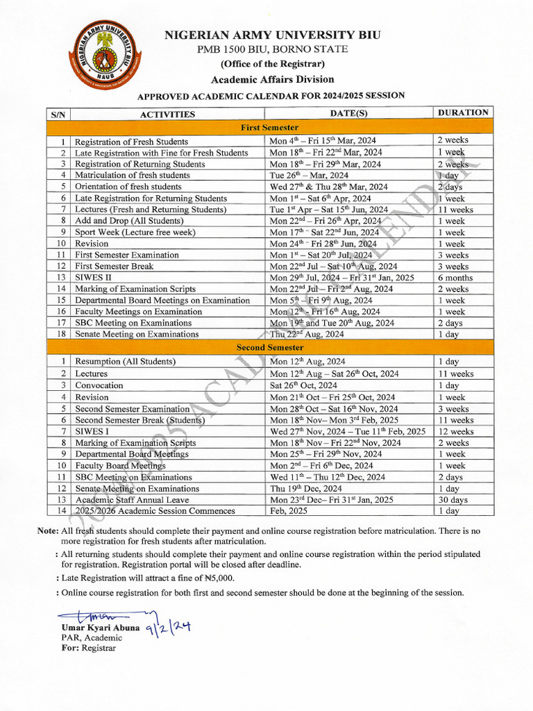 Approved Academic Calendar For 20242025 Session | PDF