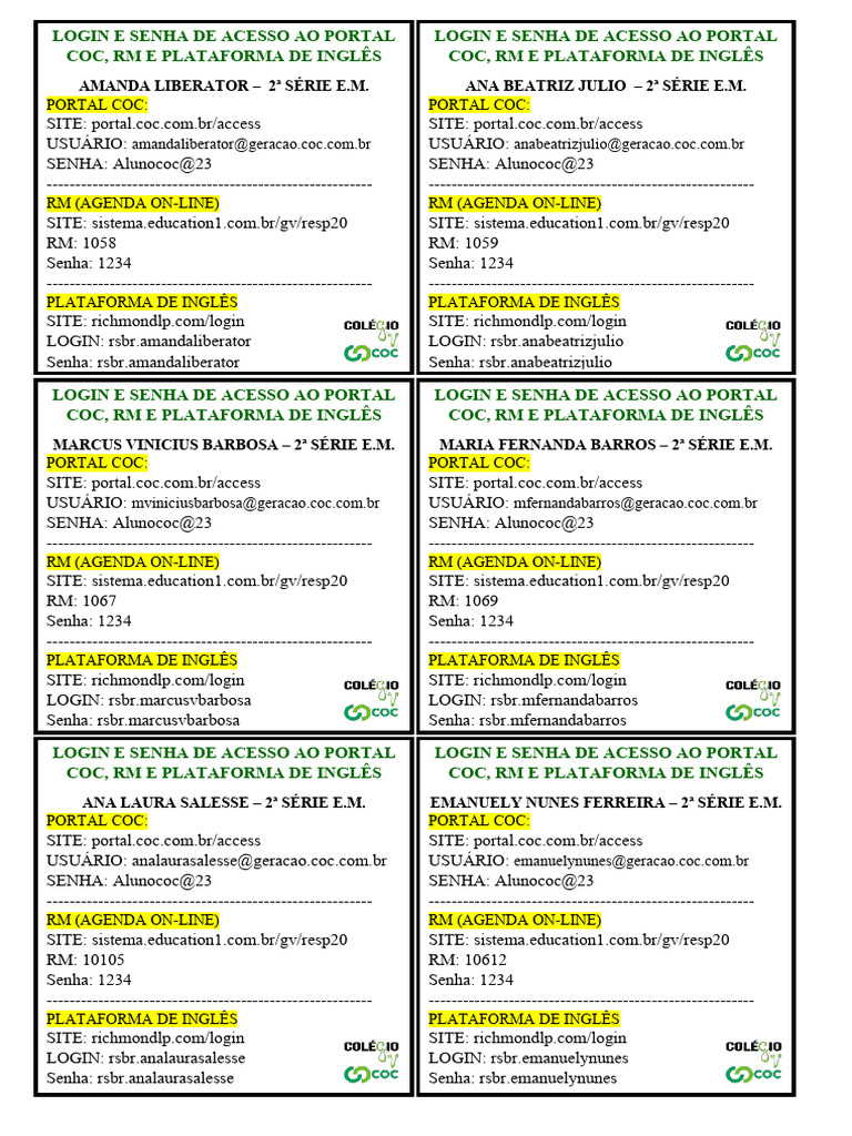 Logins e Senhas Portal COC e RM | PDF | Controle de acesso ao computador | Controle de acesso