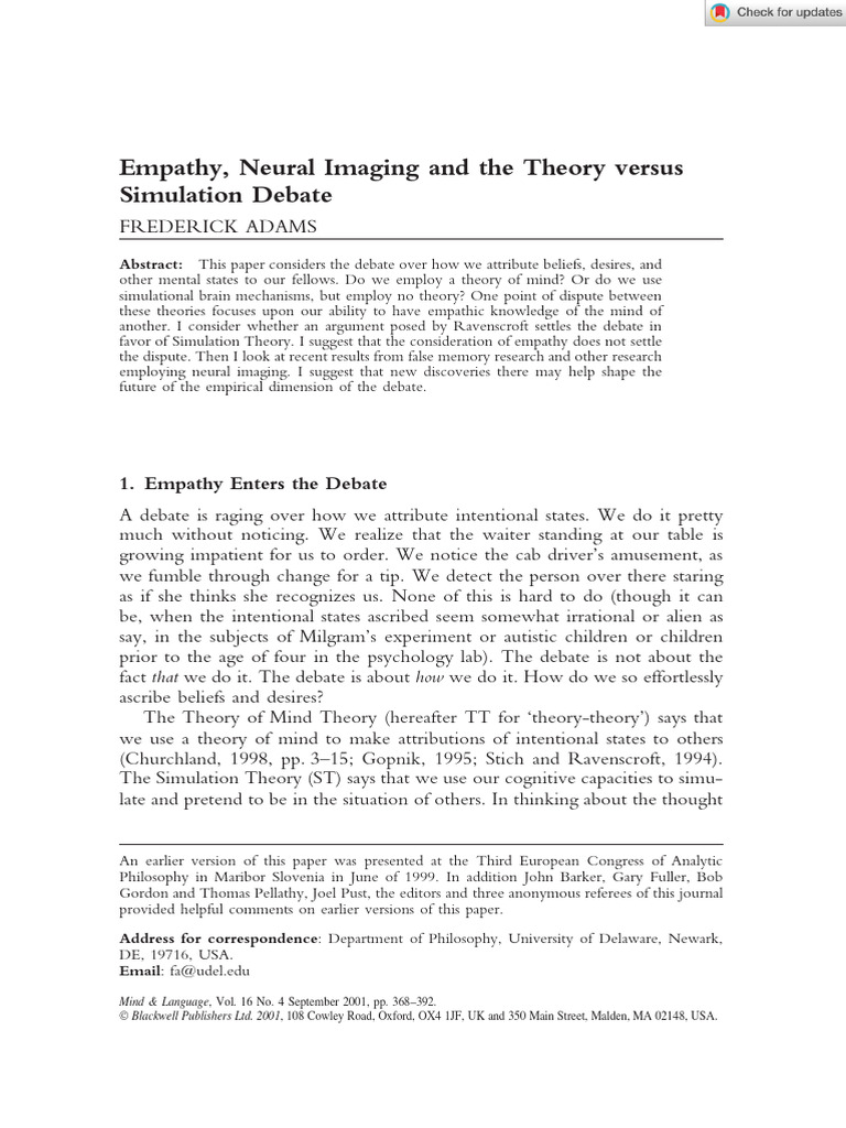 Mind Language - 2002 - Adams - Empathy Neural Imaging and The Theory Versus Simulation Debate ...