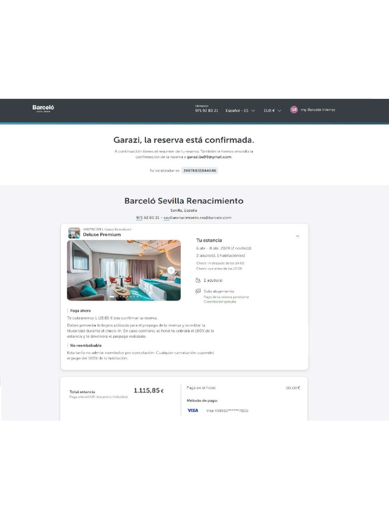 Reserva Barceló Sevilla Renacimiento | PDF