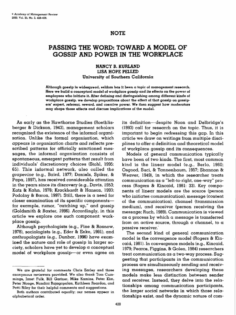 Kurland (2000) - Gossip and Power in The Workplace | PDF | Power ...