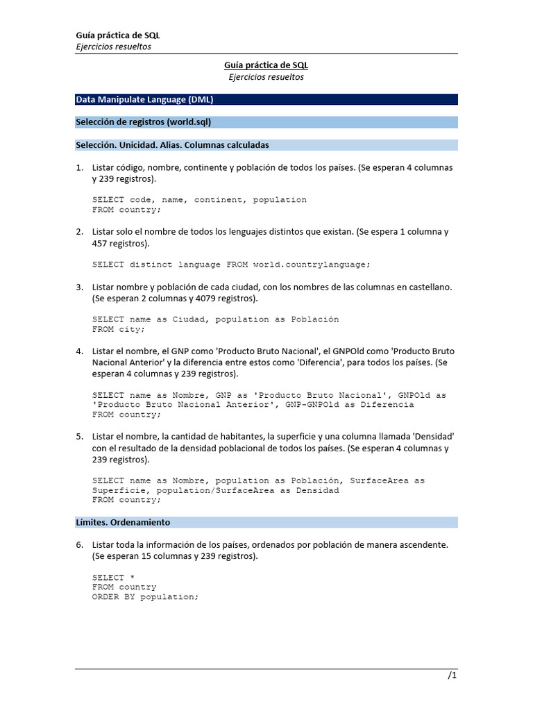 Soluciones - Guía Práctica de SQL World - Alumnos | PDF | SQL | Software de gestión de datos