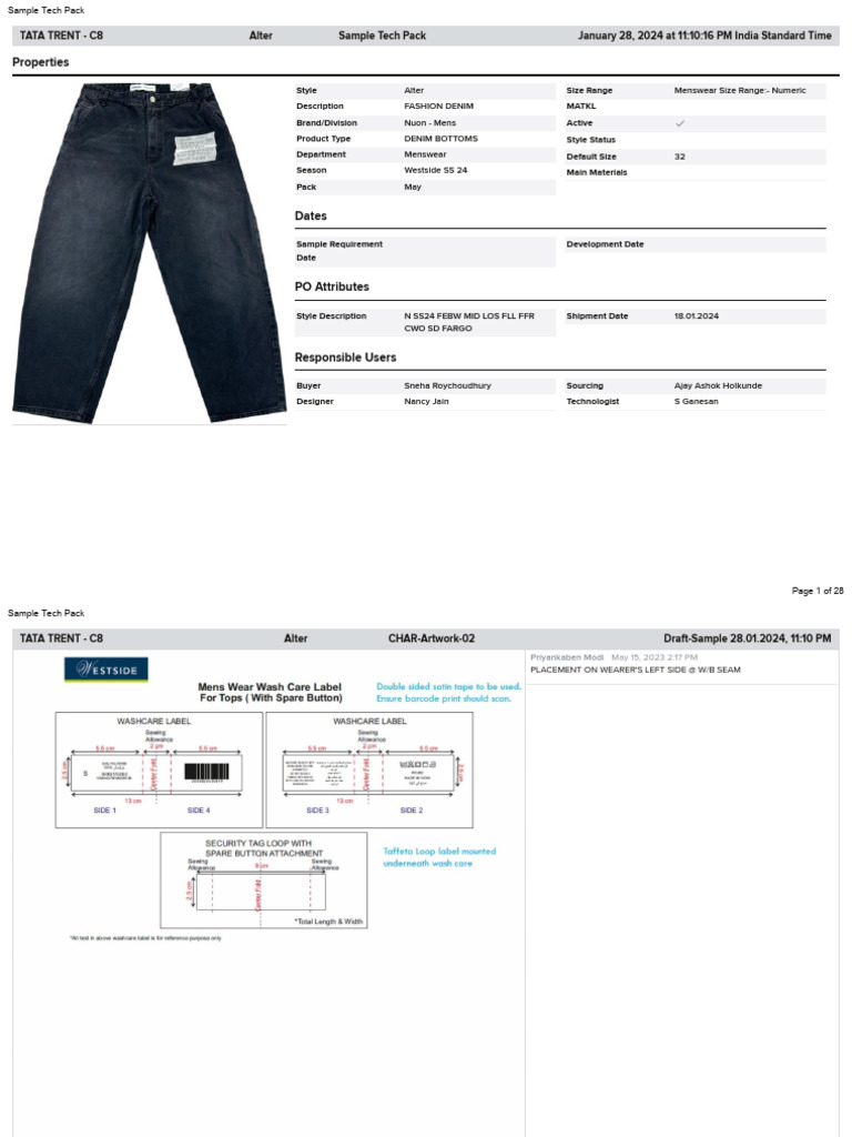 Tata Trent Menswear Tech Pack | PDF | Seam (Sewing) | Clothing