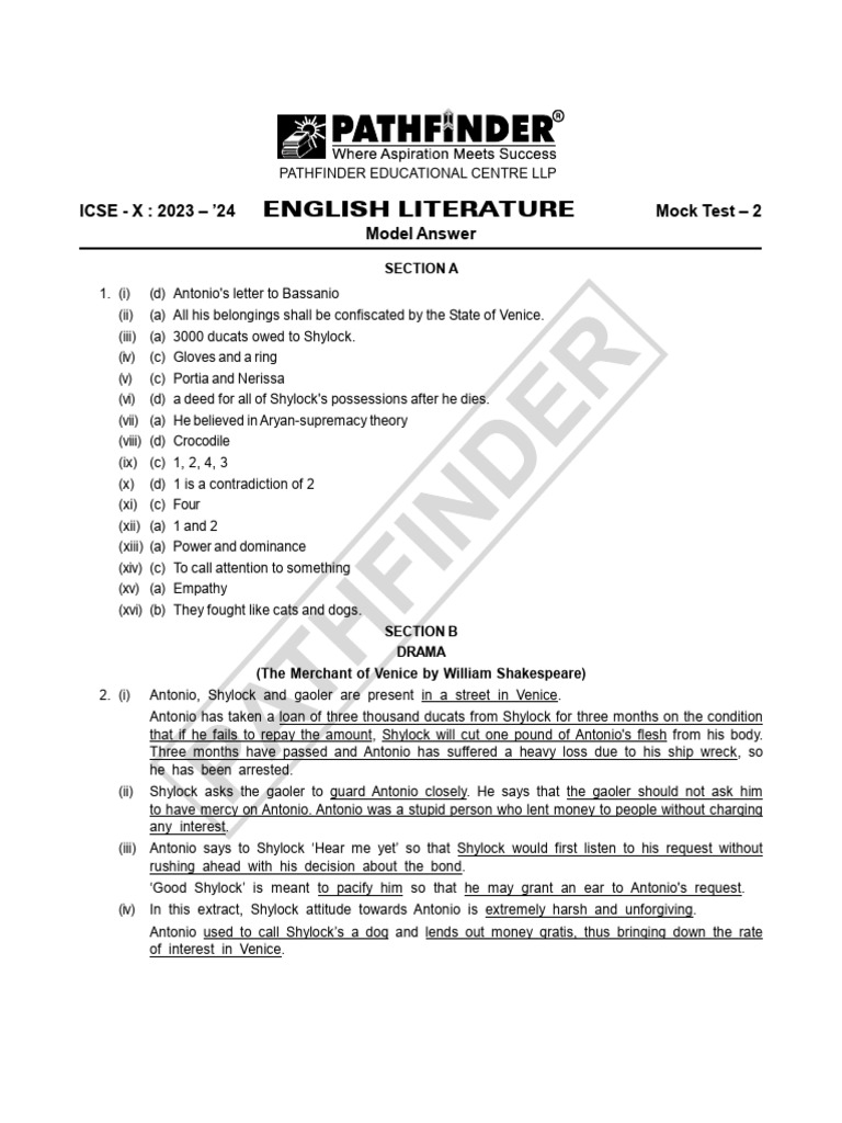 ICSE - X - MTP-2 - Eng Lit - M.A. - 23-24 | PDF | The Merchant Of Venice | Shylock