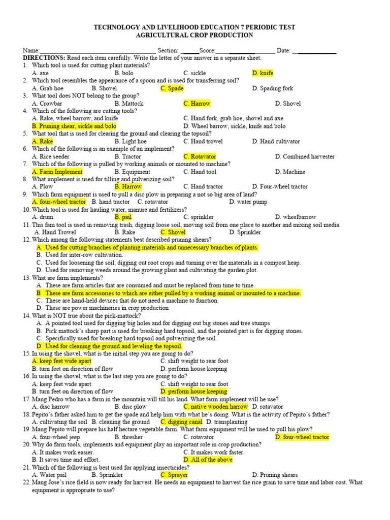 TLE_FIRSTQ_G7-TEST | PDF | Agricultural Machinery | Hazards