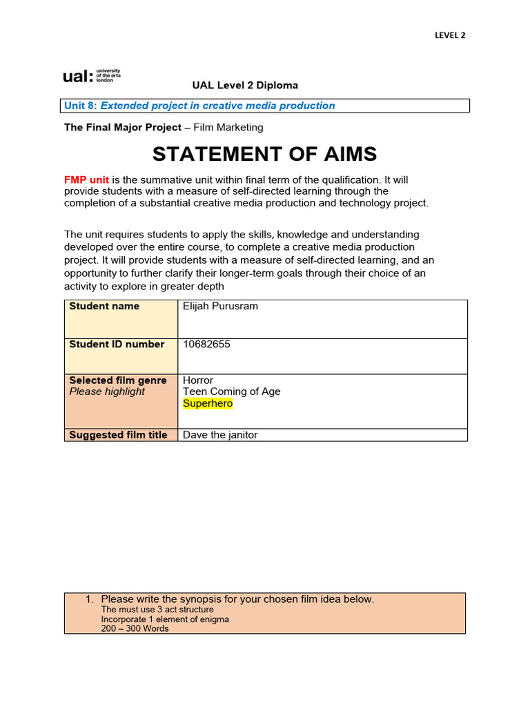 l2 unit 8 statement of aims blank 2023 templa 1 | PDF