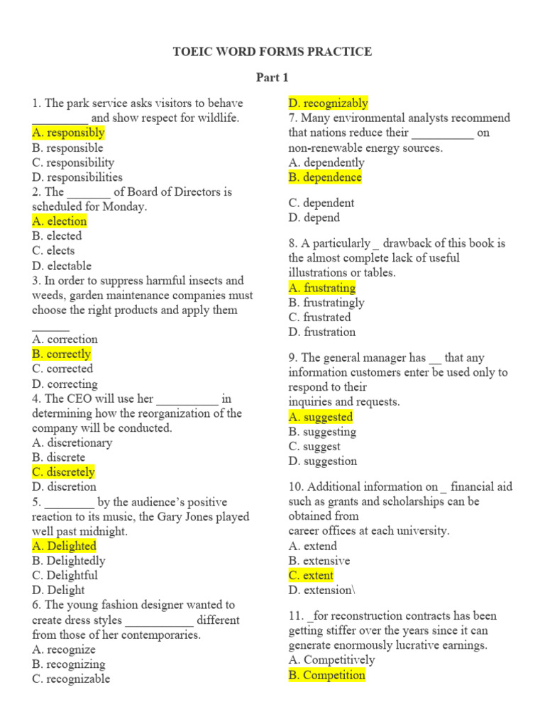 Toeic Word Forms Practice | PDF | Business | Finance & Money Management